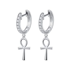 s925 sterling silver ankh cross huggie hoop dangle drop earrings for women men jewelry