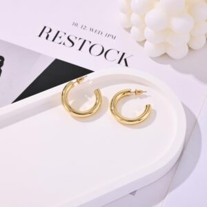 Gacimy Chunky Gold Hoop Earrings for Women 14k Real Gold Plated, 925 Sterling Silver Post Gold Hoops for Women, 30mm Yellow Gold Medium Hoop Earrings