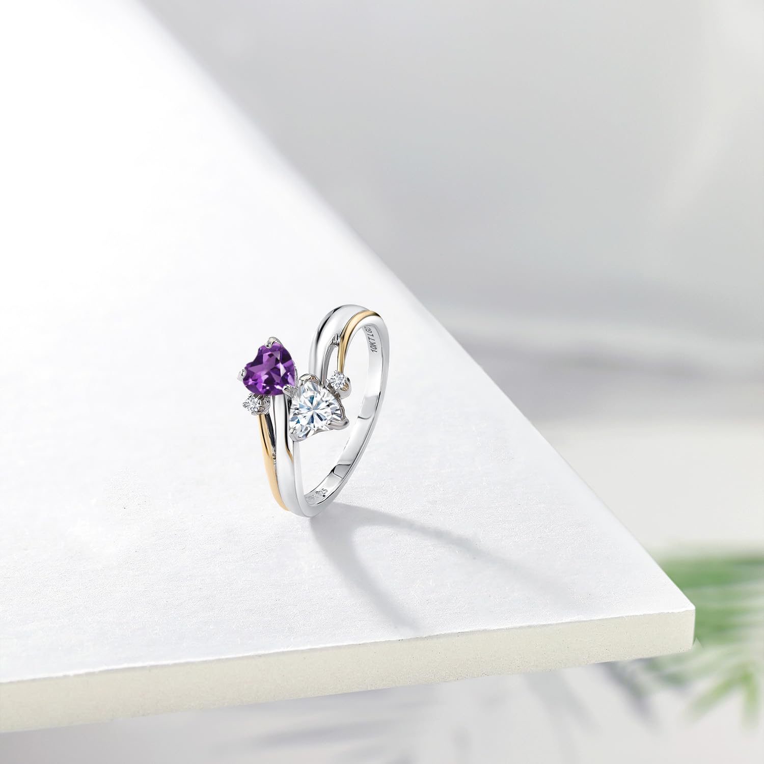 925 Silver and 10K Yellow Gold Purple Amethyst White Moissanite and White Lab Grown Diamond 2 Heart Promise Couple Engagement Mother Ring (0.94 Cttw, Birthstone, Available In Size 5, 6, 7, 8, 9)