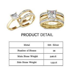 Jeulia 4.37 Carat Engraved Pricess Cut Cubic Zirconia Engagement Ring Diamond Wedding Bands for Women CZ Solitaire Sterling Silver Anniversary Bridal Promise Rings Set (Yellow Gold, 12)