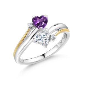 925 silver and 10k yellow gold purple amethyst white moissanite and white lab grown diamond 2 heart promise couple engagement mother ring (0.94 cttw, birthstone, available in size 5, 6, 7, 8, 9)