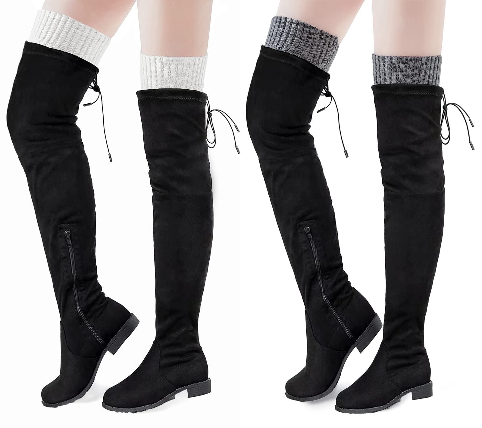 Pcavin Thigh High Socks for Women Cable Knit Over the Knee Boot Socks, Long Warm Leg Warmers Winter(White&Gray)