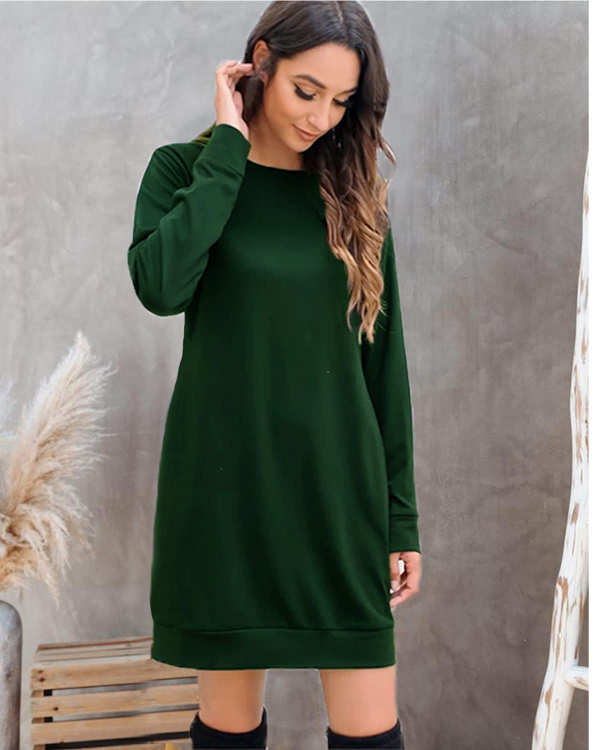 LuckyMore Sweatshirt Dress Women Casual Long Sleeve Tunic Dresses with Pockets Trendy Fall Winter Clothes Dark Green L