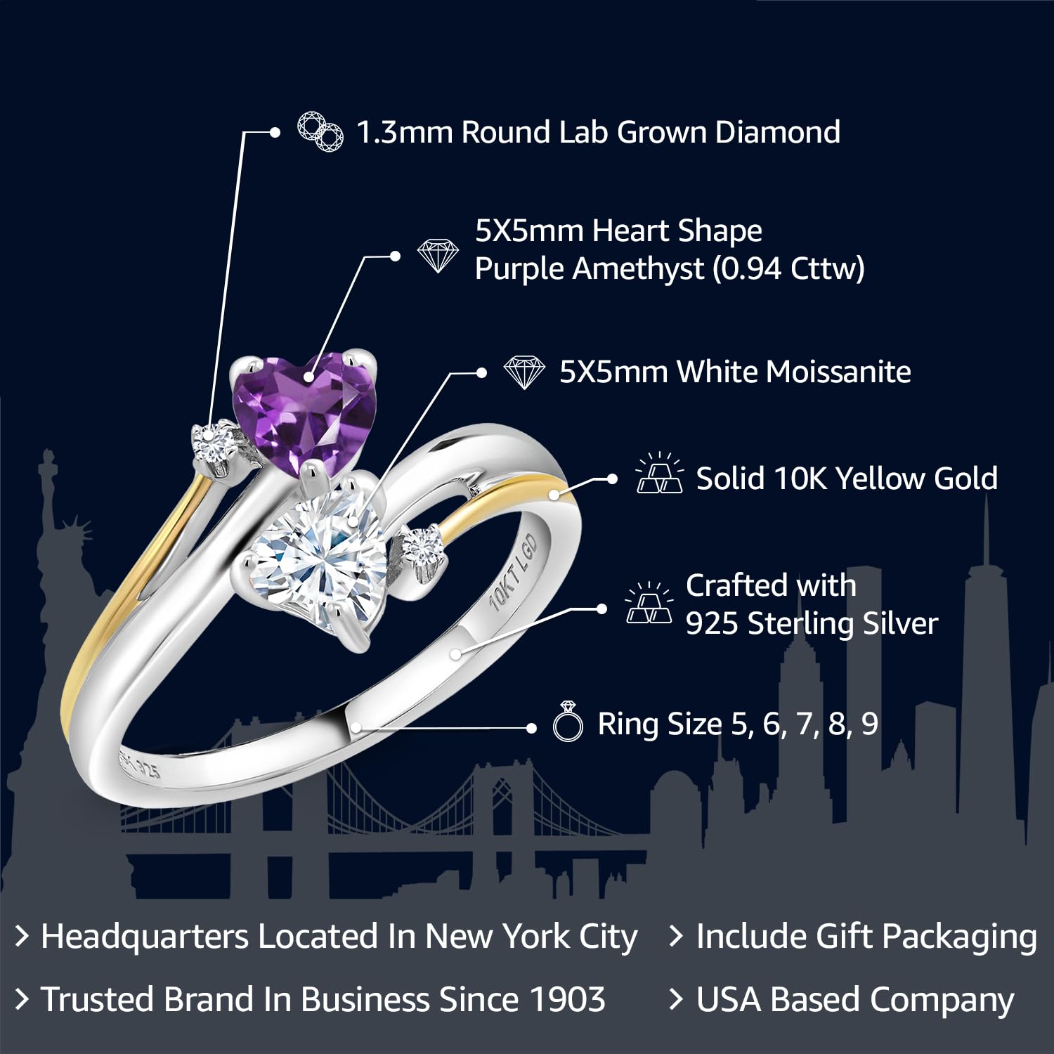 925 Silver and 10K Yellow Gold Purple Amethyst White Moissanite and White Lab Grown Diamond 2 Heart Promise Couple Engagement Mother Ring (0.94 Cttw, Birthstone, Available In Size 5, 6, 7, 8, 9)