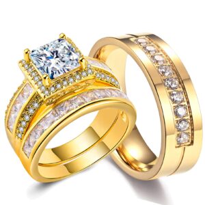 ahloe jewelry cejug 18k gold plated wedding ring sets for him and her women men titanium stainless steel bands couple rings 3ct cz size 9&7