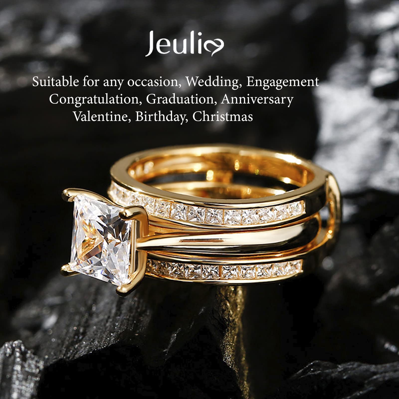 Jeulia 4.37 Carat Engraved Pricess Cut Cubic Zirconia Engagement Ring Diamond Wedding Bands for Women CZ Solitaire Sterling Silver Anniversary Bridal Promise Rings Set (Yellow Gold, 12)