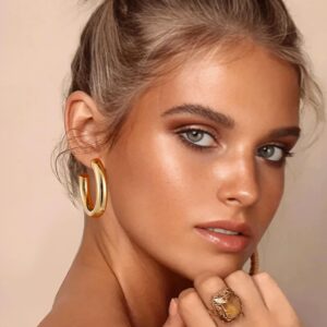 Gacimy Chunky Gold Hoop Earrings for Women 14k Real Gold Plated, 925 Sterling Silver Post Gold Hoops for Women, 30mm Yellow Gold Medium Hoop Earrings