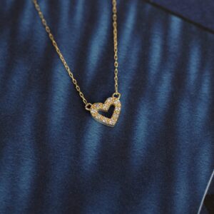 Diamond Heart Necklace | 14k Yellow Gold Open Heart Necklaces for Women | 14k Solid Gold Mini Heart Pendant Necklace | Dainty Pave Diamond Jewelry | Gifts for Birthday, 18"