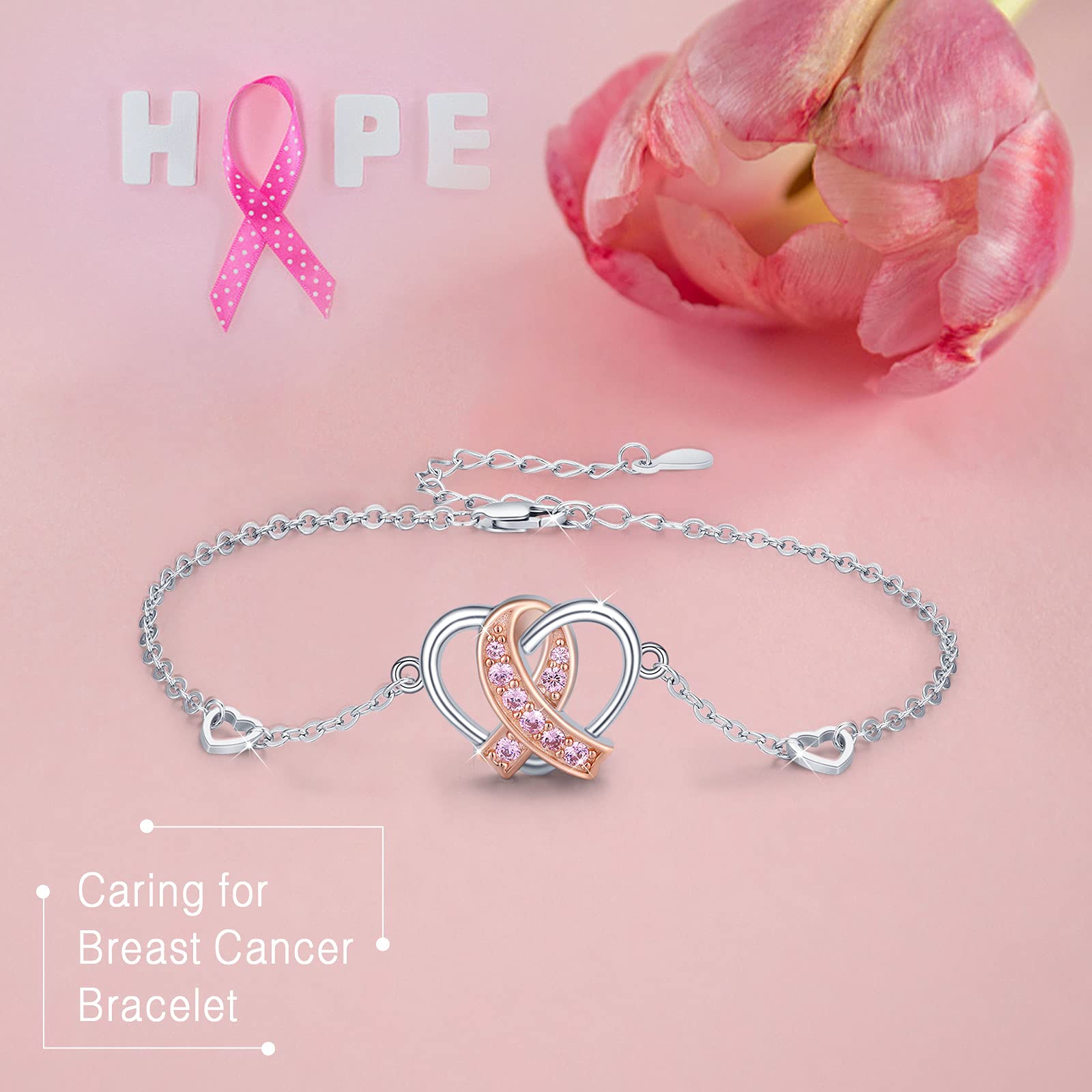 TUGHRA Breast Cancer Awareness Bracelet, 925 Sterling Silver Pink Ribbon Adjustable Chain Bracelet, Hope Jewelry Gifts for Women