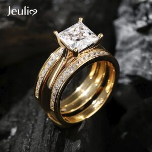 Jeulia 4.37 Carat Engraved Pricess Cut Cubic Zirconia Engagement Ring Diamond Wedding Bands for Women CZ Solitaire Sterling Silver Anniversary Bridal Promise Rings Set (Yellow Gold, 12)