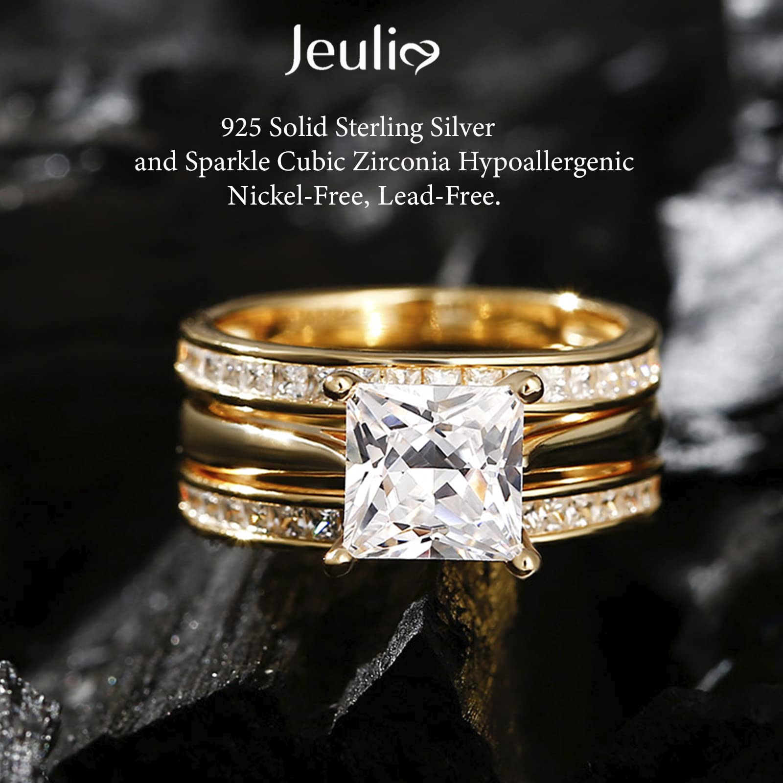 Jeulia 4.37 Carat Engraved Pricess Cut Cubic Zirconia Engagement Ring Diamond Wedding Bands for Women CZ Solitaire Sterling Silver Anniversary Bridal Promise Rings Set (Yellow Gold, 12)