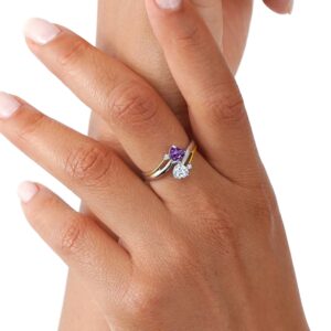 925 Silver and 10K Yellow Gold Purple Amethyst White Moissanite and White Lab Grown Diamond 2 Heart Promise Couple Engagement Mother Ring (0.94 Cttw, Birthstone, Available In Size 5, 6, 7, 8, 9)