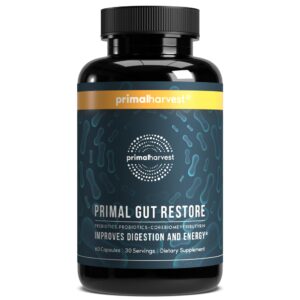 primal harvest restore for gut health, primal gut restore w/postbiotics, prebiotics and probiotics for women and men, 60 ct - digestion, colon cleanse, immunity support - helps leaky gut repair