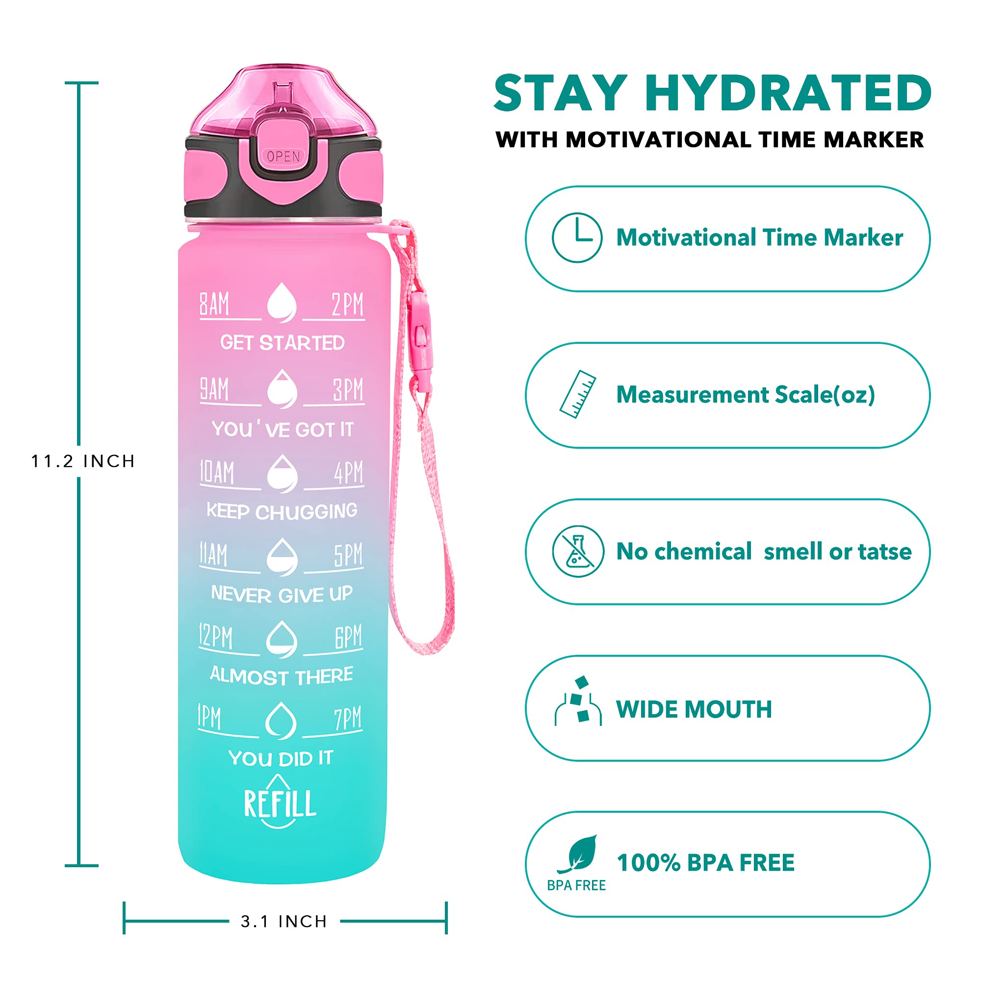 Enerbone 32 oz Drinking Water Bottle with Times to Drink and Straw, Motivational with Carrying Strap, Leakproof BPA & Toxic Free, Ensure You Drink Enough Water for Fitness Gym Outdoor