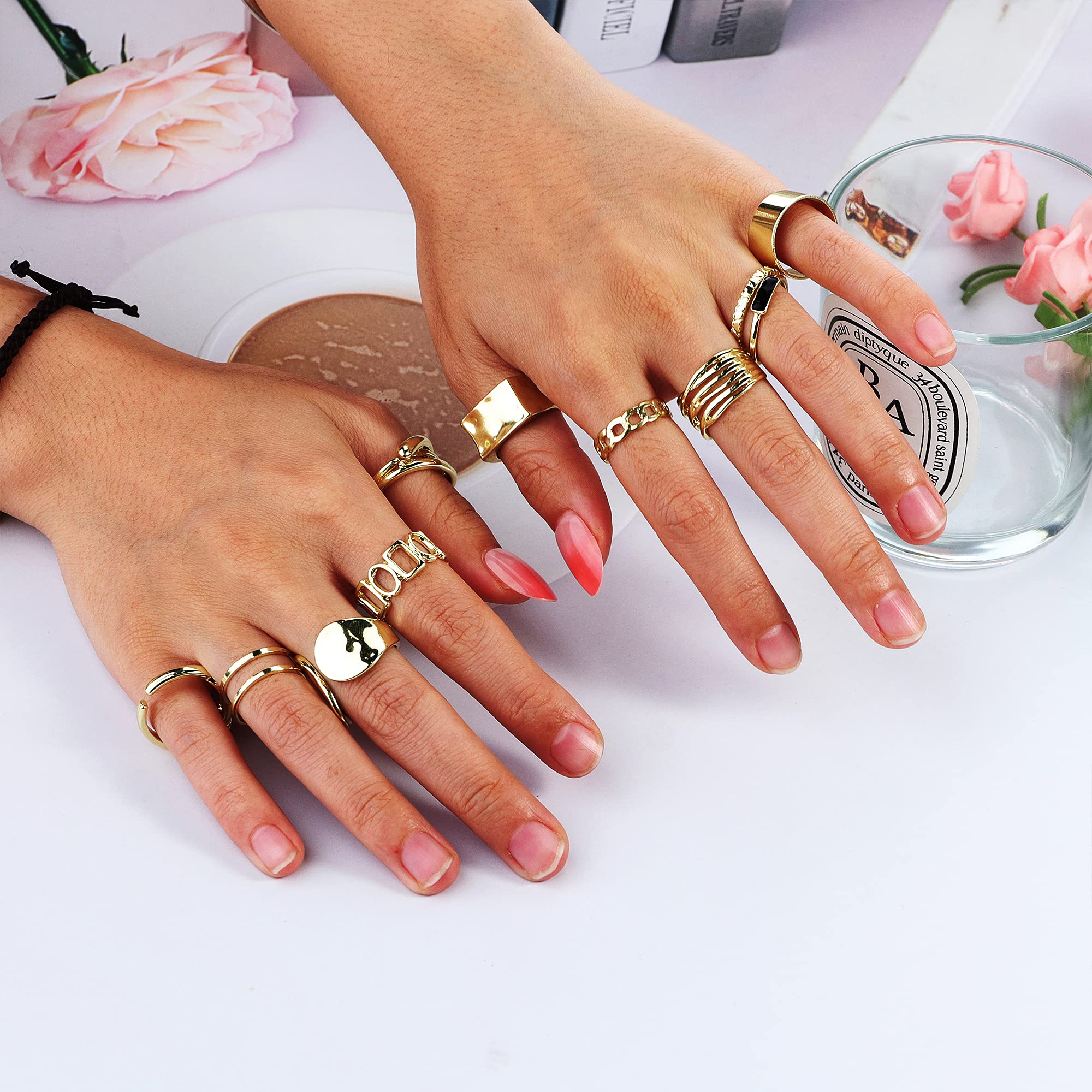 LOYALLOOK 18Pcs Vintage Knuckle Rings for Women Adjustable Chunky Rings Set Cute Finger Rings Pack Gold Tone