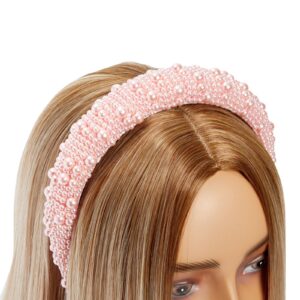 Glamlily 2 Pack Crystal Headbands for Women, Padded Pearl Headband (Light Pink, White)