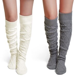 pcavin thigh high socks for women cable knit over the knee boot socks, long warm leg warmers winter(white&gray)