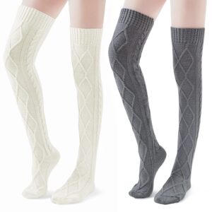 Pcavin Thigh High Socks for Women Cable Knit Over the Knee Boot Socks, Long Warm Leg Warmers Winter(White&Gray)