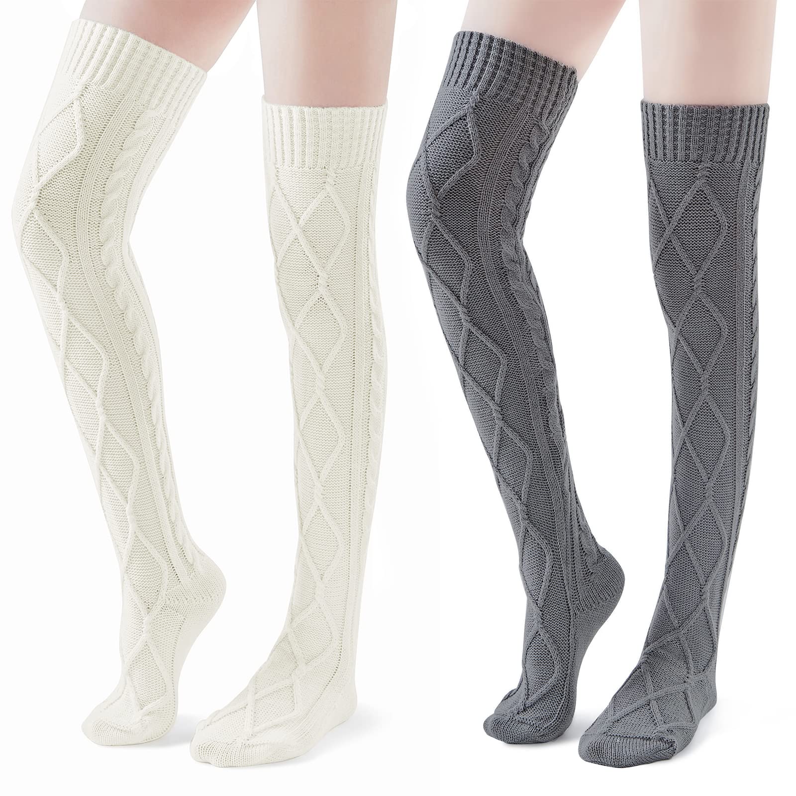 Pcavin Thigh High Socks for Women Cable Knit Over the Knee Boot Socks, Long Warm Leg Warmers Winter(White&Gray)