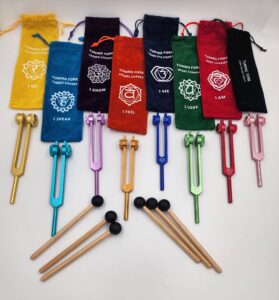 yantra chakra tuning fork set of 8 color weighted healing with individually marked chakra sign bags and striker includes soul purpose