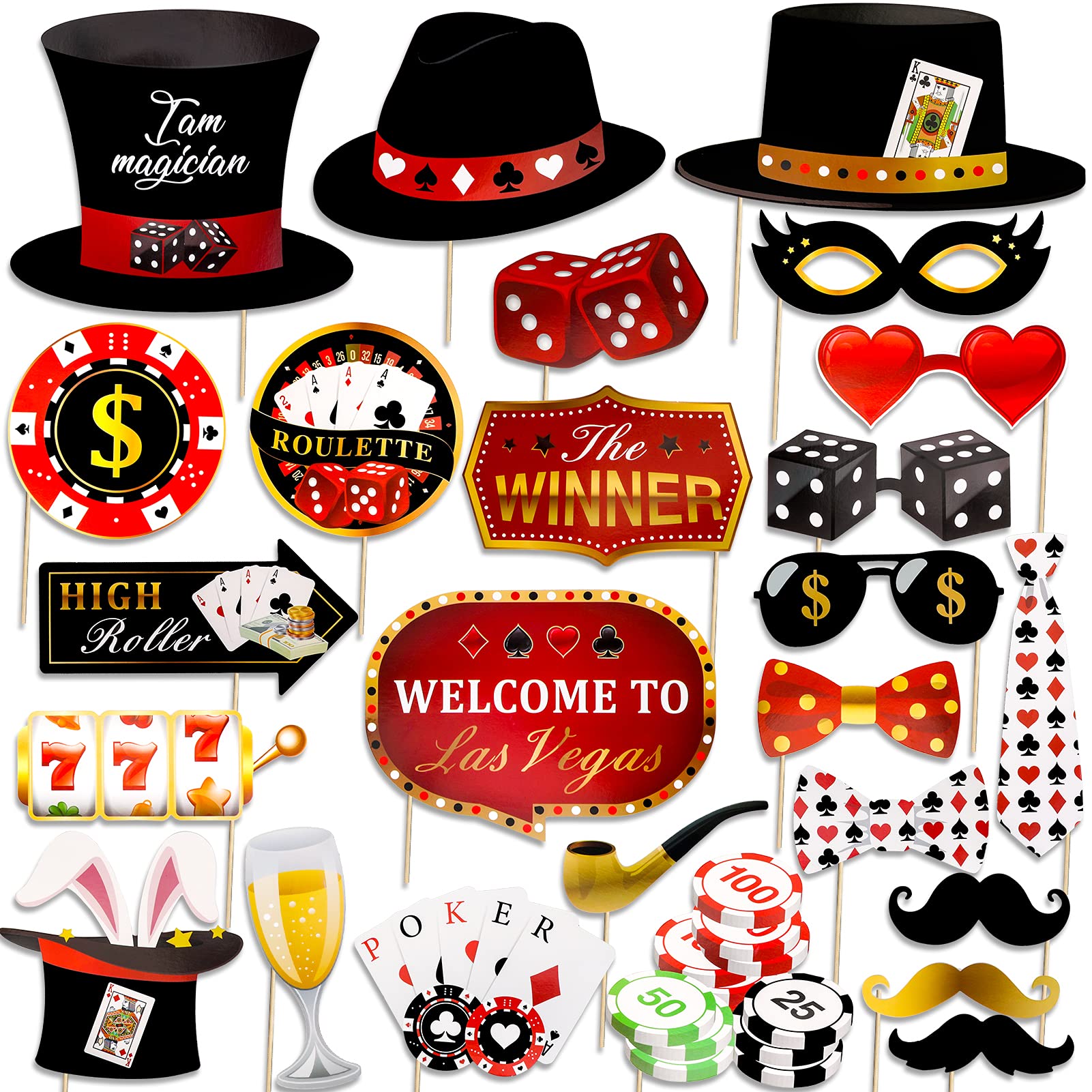 Las Vegas Casino Photo Booth Props Funny DIY Poker Theme Selfie Props Kit for Night Party Decoration Party Favors 25 Pieces