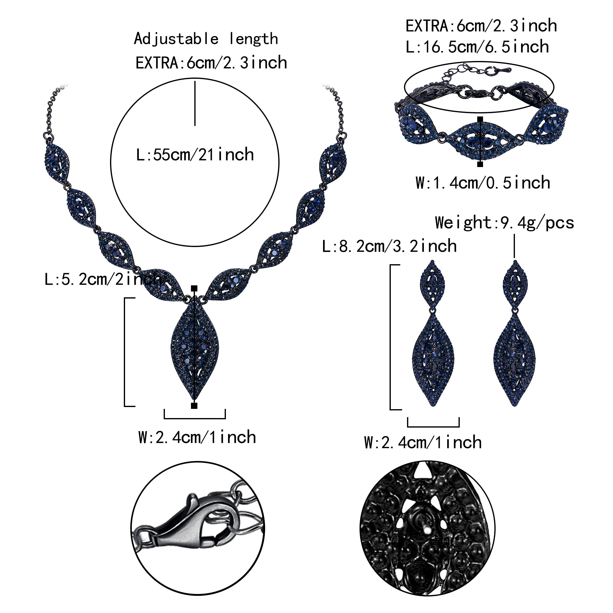 Flyonce Wedding Jewelry Set Rhinestone Crystal Bridal Leaf Necklace Drop Dangle Chandelier Earrings Set Navy Blue