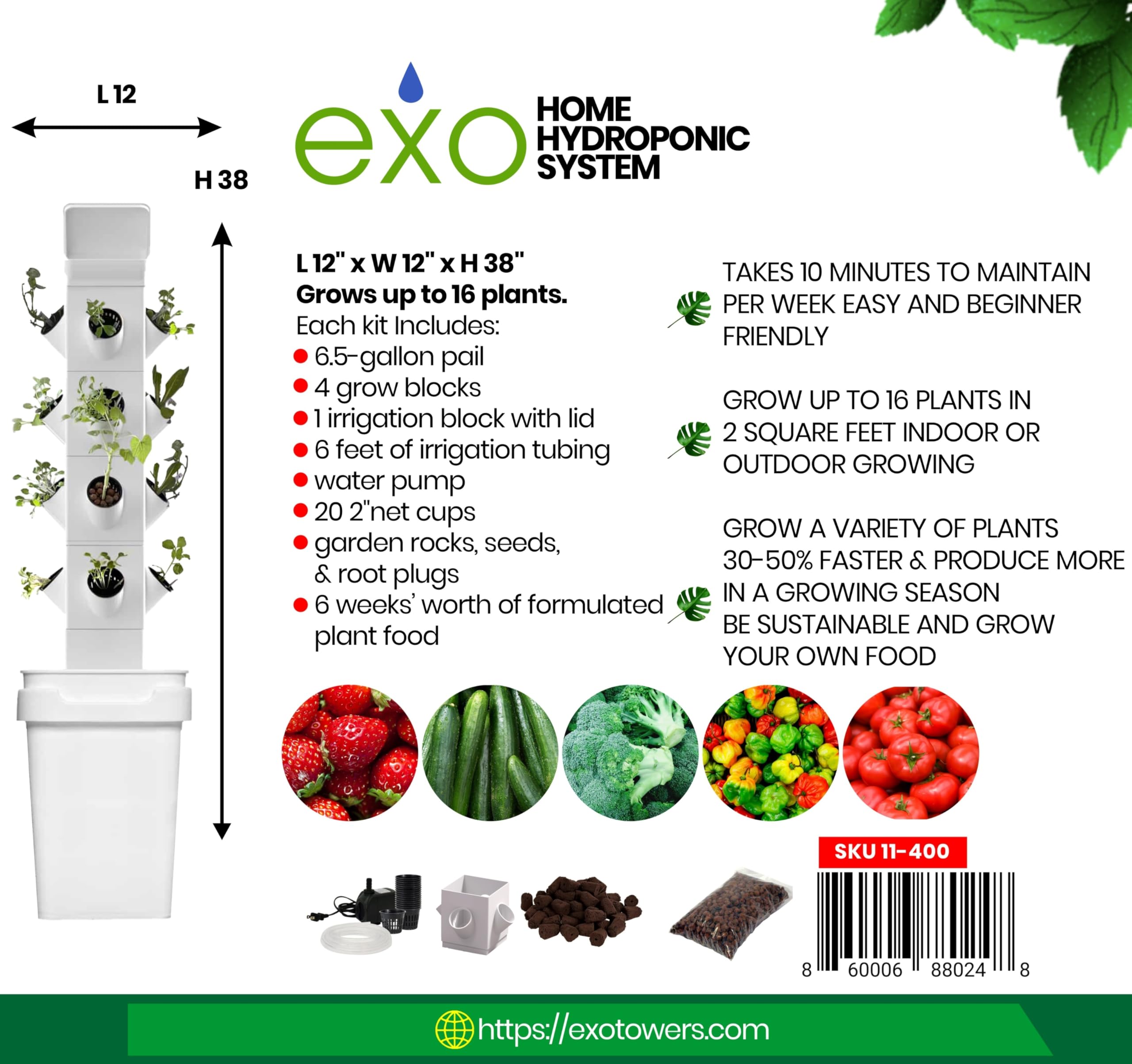 EXO Garden Hydroponic Growing System Vertical Tower - Vegetable Plant Tower Gift for Gardening Lover - Automate Aeroponics Mini Indoor Outdoor Home Grow Herb