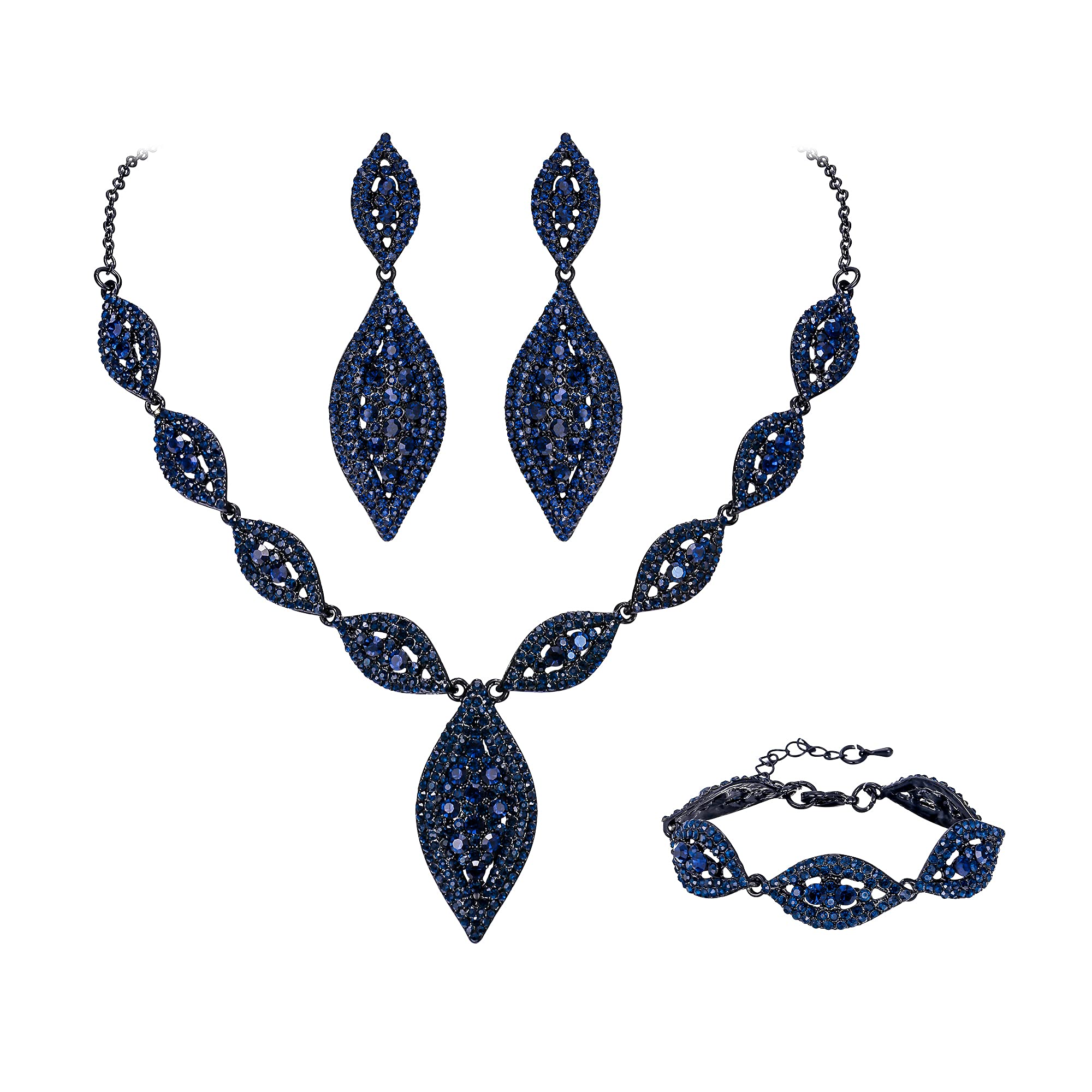 Flyonce Wedding Jewelry Set Rhinestone Crystal Bridal Leaf Necklace Drop Dangle Chandelier Earrings Set Navy Blue