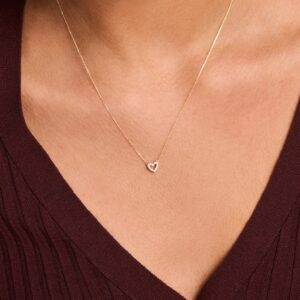 Diamond Heart Necklace | 14k Yellow Gold Open Heart Necklaces for Women | 14k Solid Gold Mini Heart Pendant Necklace | Dainty Pave Diamond Jewelry | Gifts for Birthday, 18"