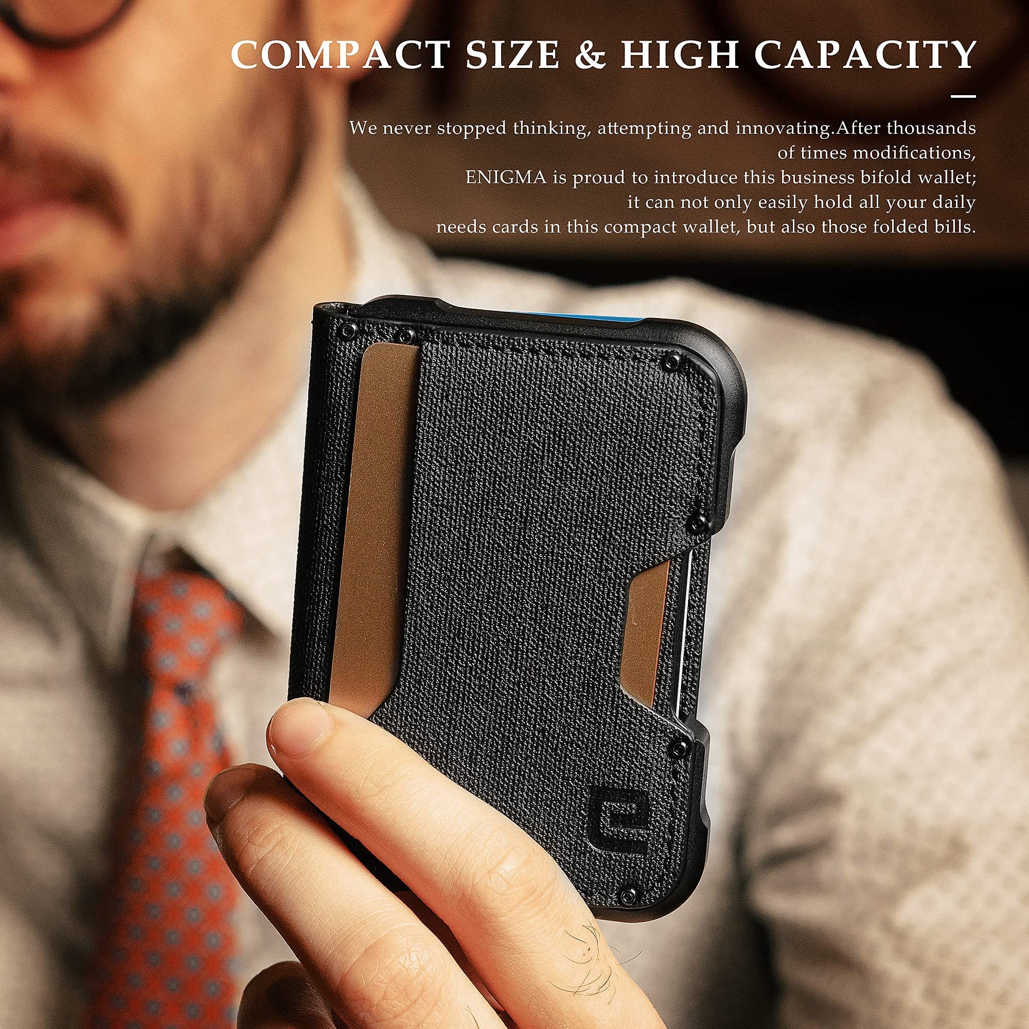 ENIGMA Dapper PU Leather Bifold Front Pocket Slim Wallet for Men, Aluminum Metal Travel Tactical RFID Blocking Card Holder Money Clip, Ideal Men's Gift (Black PU)