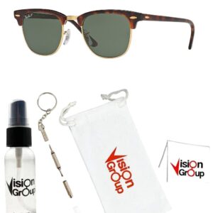 Ray-Ban RB3016 Clubmaster Sunglasses+ Vision Group Accessories Bundle(Red Havana/Crystal Green Polarized (990/58),49) for unisex-adult