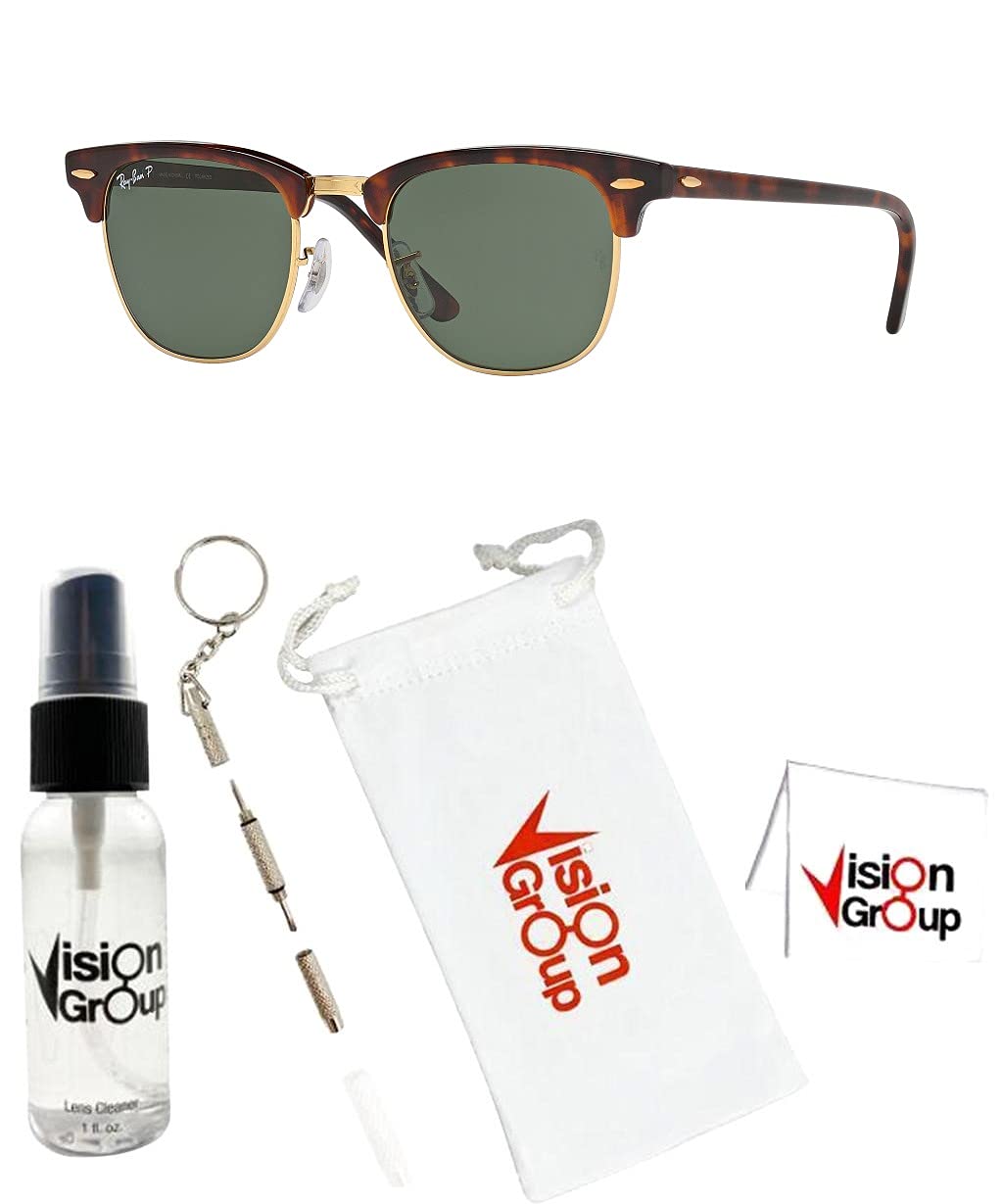 Ray-Ban RB3016 Clubmaster Sunglasses+ Vision Group Accessories Bundle(Red Havana/Crystal Green Polarized (990/58),49) for unisex-adult