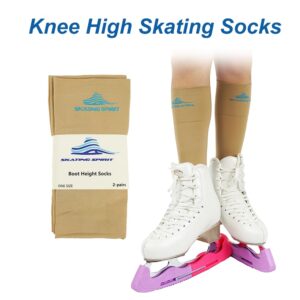 SkatingSpirit Figure Skating Socks (2 Pairs), Knee high, Extra wide cuff band non-slipping (Beige)