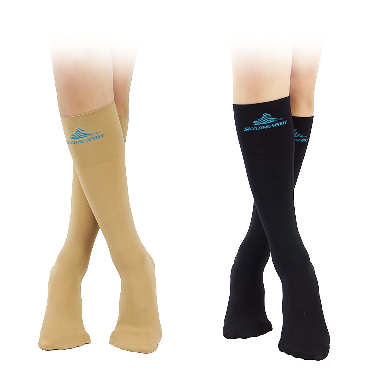 SkatingSpirit Figure Skating Socks (2 Pairs), Knee high, Extra wide cuff band non-slipping (Beige)