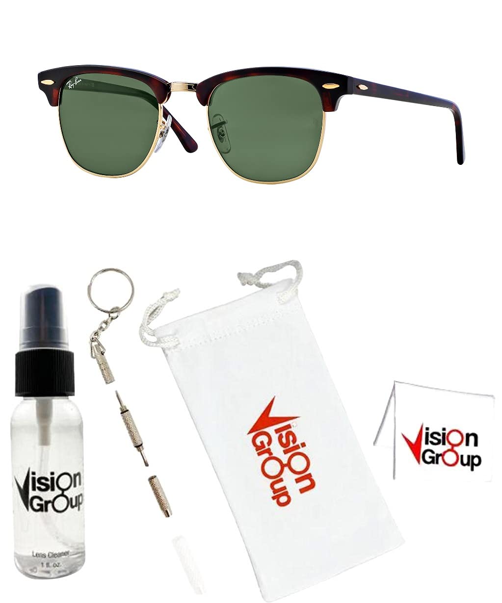 Ray-Ban RB3016 Clubmaster Sunglasses+ Vision Group Accessories Bundle(Mock Tortoise On Arista/Crystal Green (W0366),51) for unisex-adult