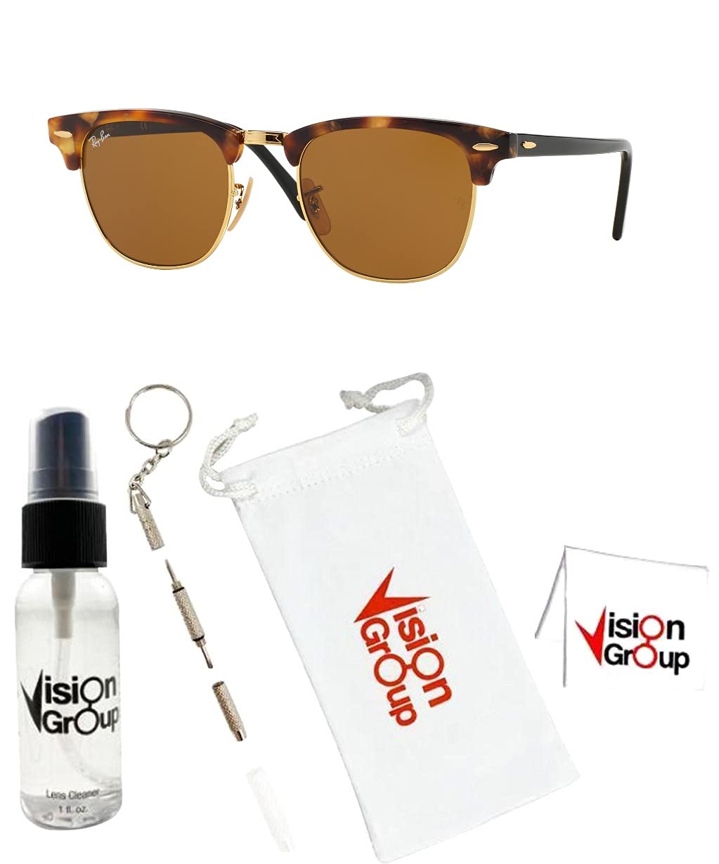 Ray-Ban RB3016 Clubmaster Sunglasses+ Vision Group Accessories Bundle for unisex-adult (Spotted Brown Havana/Crystal Brown (1160),51)