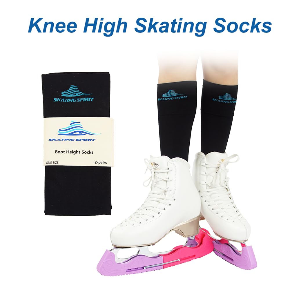 SkatingSpirit Figure Skating Socks (2 Pairs), Knee high, Extra wide cuff band non-slipping (Beige)