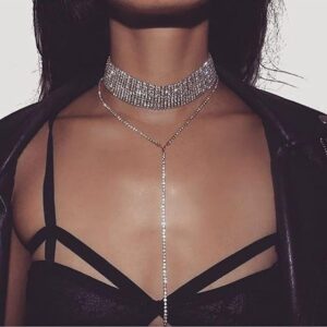 woent sexy crystal necklace silver exaggerated multi-layer full-rhinestone choker necklace chain adjustable jewelry for women and girls