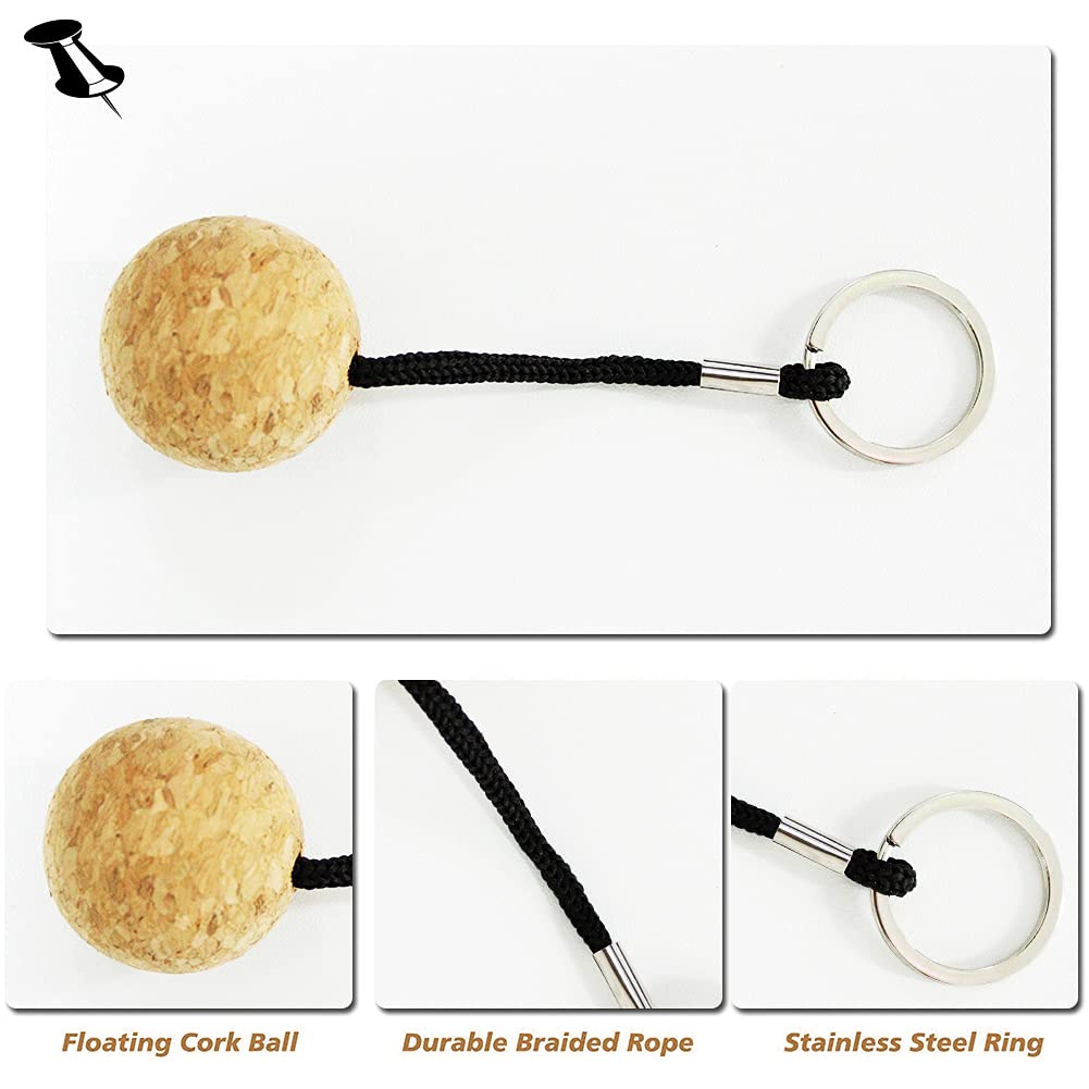 BINBE 6 Pcs Floating Cork Ball Keyrings, 35mm Buoyant Key Ring Water Sports Keychain Wooden Floatable Key Chain for Sailing Surfing Canoeing Fishing Kayaking Swimming Diving