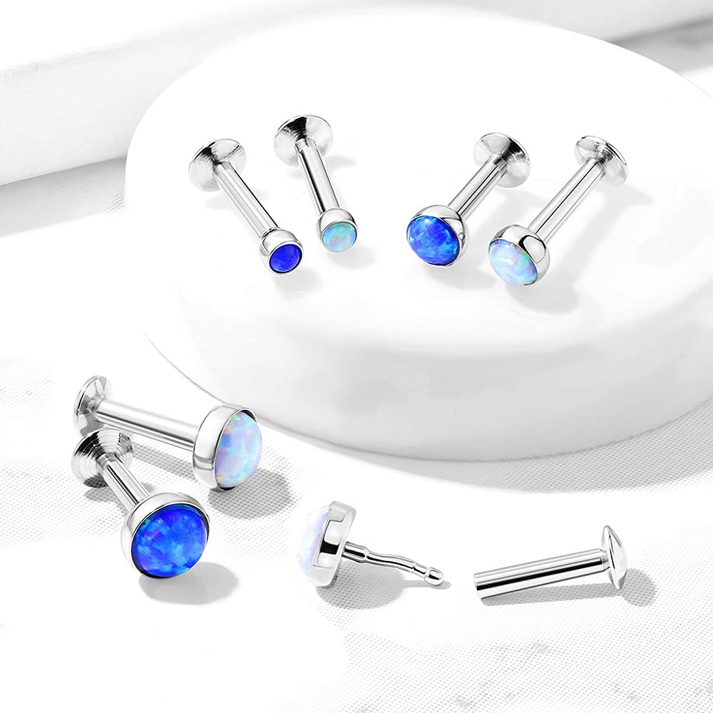 Pierced Owl 16-20GA Stainless Steel Threadless Push-in Synthetic Opal Flat Set Top Cartilage Helix Lip Stud (White, 16GA (1.2mm))