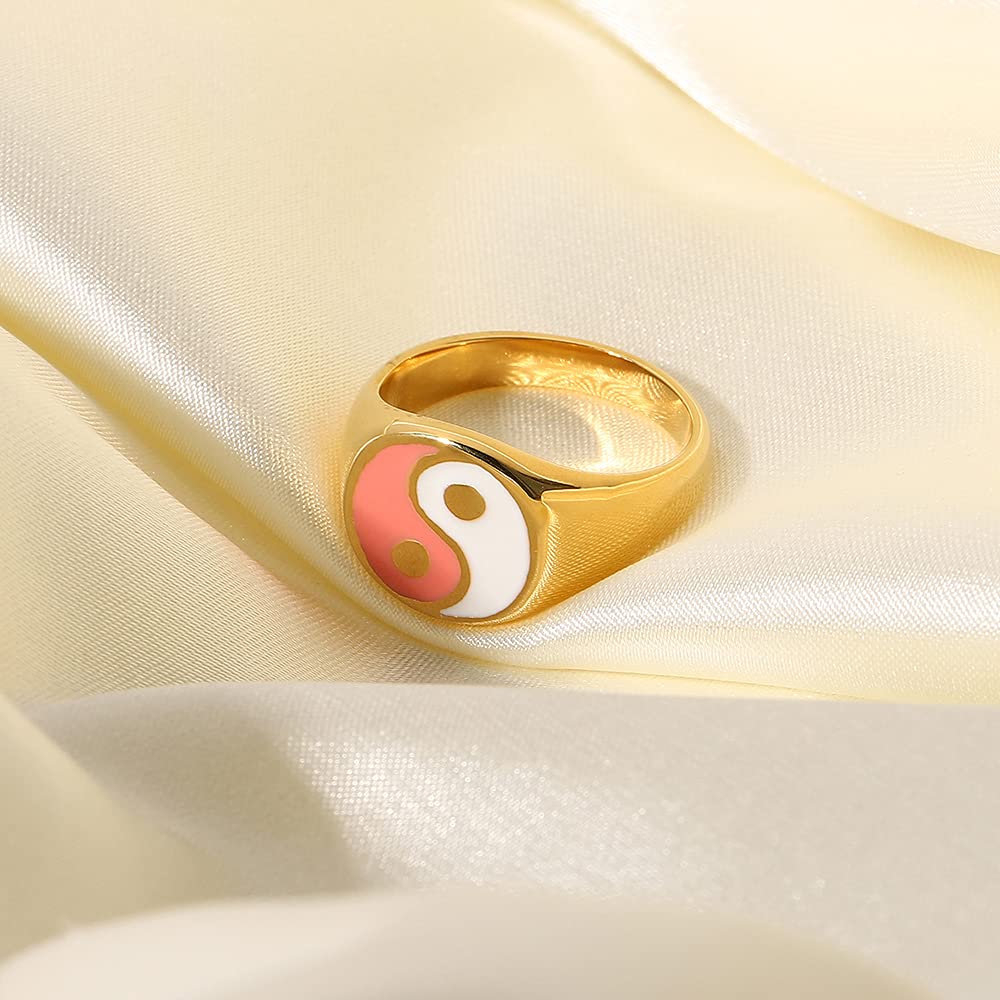 Yin and Yang Pink and White Round Signet Band Ring for Women Hypoallergenic Stainless Steel 18K Gold Plated Fashion Dainty Middle Finger Ring Tai Chi Balance Chinese Taoism Zen Spirit Talisman Statement Ba Gua Feng Shui BFF Birthday Size 6-8 (6)