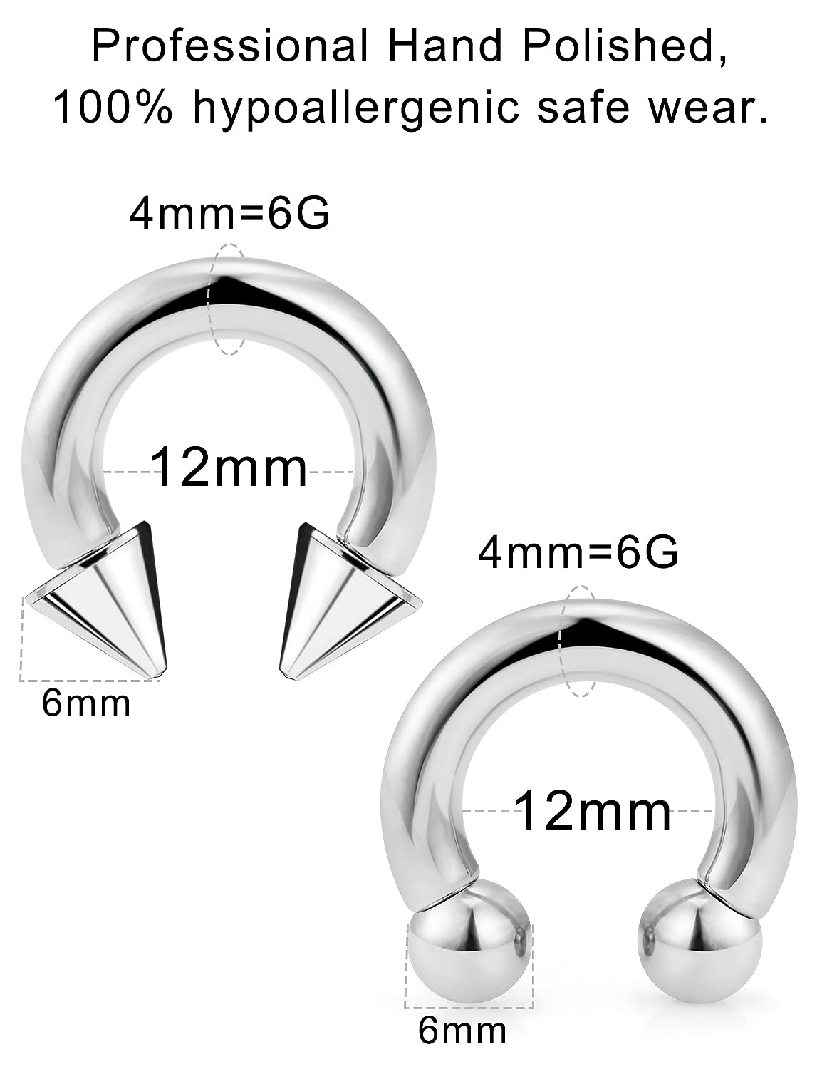 Ftovosyo PA Ring Internally Threaded Spike & Ball Circular Barbells Horseshoe Large Septum Ring Ear Gauges Earrings 6G 4mm 12mm 1/2" 316L Surgical Steel Pierced Body Jewelry for Women Men