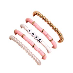 fuqimanman2020 5 pcs bohemian colorful clay beaded stackable bracelets set handmade polymer clay faux pearl beads love bracelets for women jewelry(b)