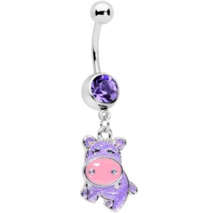 body candy womens 14g 316l steel navel ring piercing purple accent happy hippopotamus dangle belly button ring