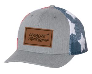 trenz shirt company men's golf legalize mulligans golfing lucky engraved leather patch mesh back trucker hat, heather grey/american flag mesh