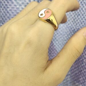 Yin and Yang Pink and White Round Signet Band Ring for Women Hypoallergenic Stainless Steel 18K Gold Plated Fashion Dainty Middle Finger Ring Tai Chi Balance Chinese Taoism Zen Spirit Talisman Statement Ba Gua Feng Shui BFF Birthday Size 6-8 (6)