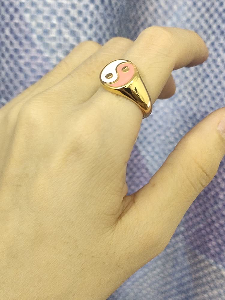 Yin and Yang Pink and White Round Signet Band Ring for Women Hypoallergenic Stainless Steel 18K Gold Plated Fashion Dainty Middle Finger Ring Tai Chi Balance Chinese Taoism Zen Spirit Talisman Statement Ba Gua Feng Shui BFF Birthday Size 6-8 (6)