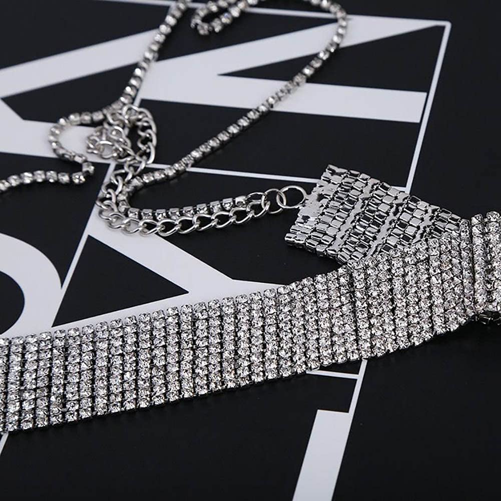 Woent Sexy Crystal Necklace Silver Exaggerated Multi-layer Full-rhinestone Choker Necklace Chain Adjustable Jewelry for Women and Girls