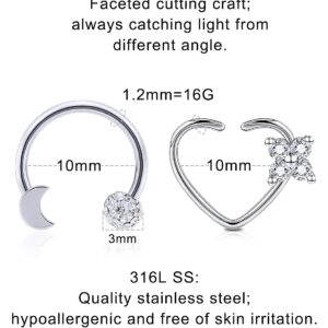 Ftovosyo Left Ear Daith Earrings 16G Heart Moon Daith Piercing Jewelry for Women Stainless Steel Cartilage Forward Helix Tragus Piercing Jewelry Plated CZ Hinged Septum Clicker Rings