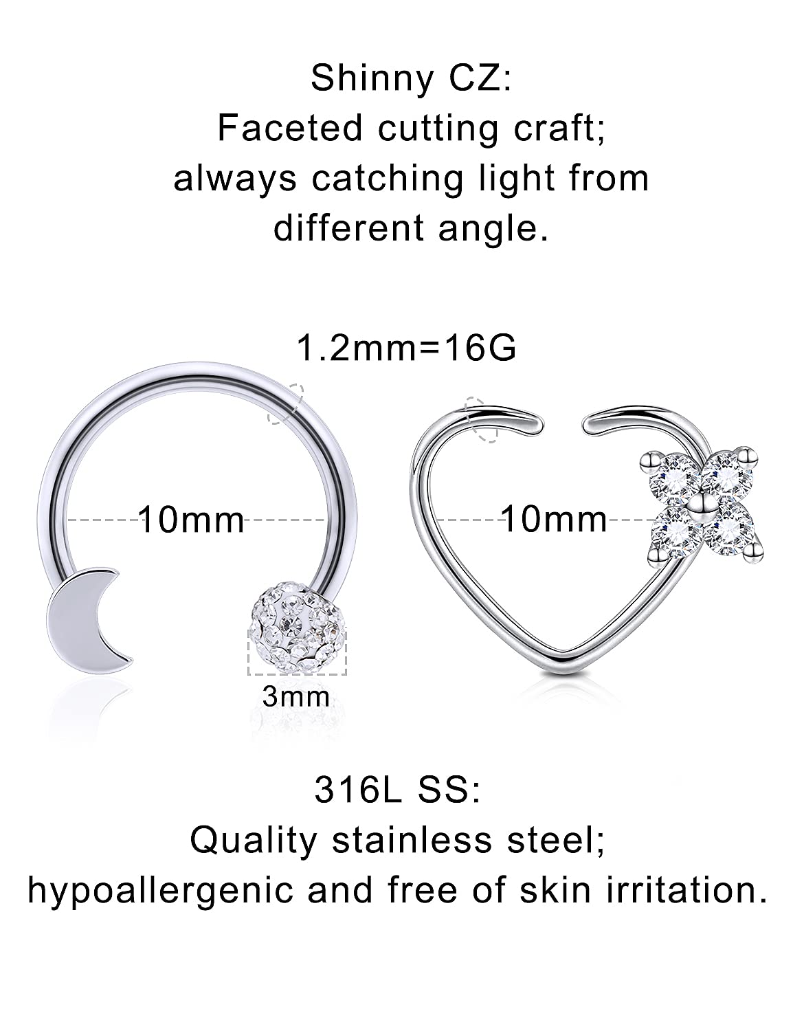 Ftovosyo Left Ear Daith Earrings 16G Heart Moon Daith Piercing Jewelry for Women Stainless Steel Cartilage Forward Helix Tragus Piercing Jewelry Plated CZ Hinged Septum Clicker Rings